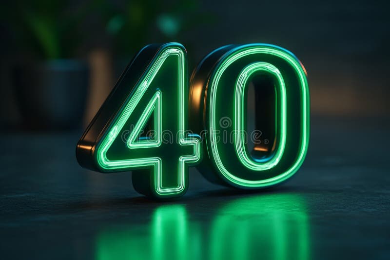 Number Forty Glowing with Green Neon Light Reflecting on Surface Stock ...