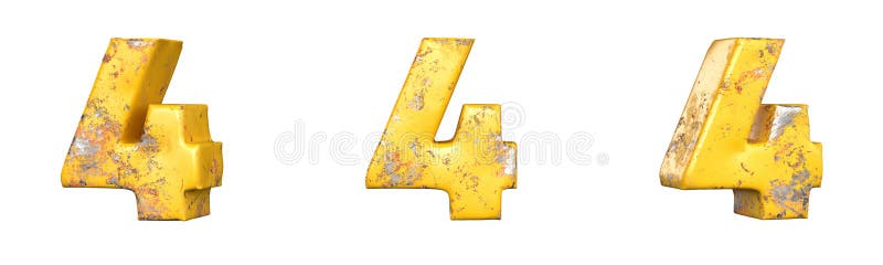 Number 4 Four from a Set of Metallic Yellow Grunge Numbers. Isolated ...