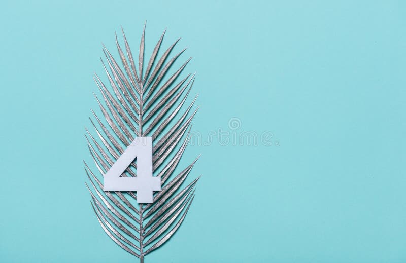 Number Four Shape with Silver Palm Leaves on Blue Background. Summer ...