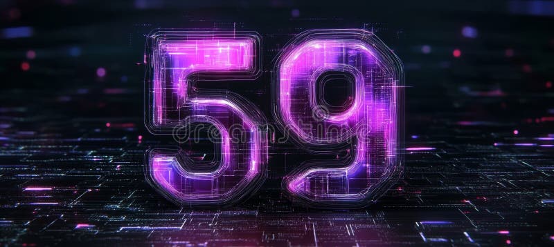 Number 59. Futuristic Glowing Neon Number on Transparent Background. 3D ...