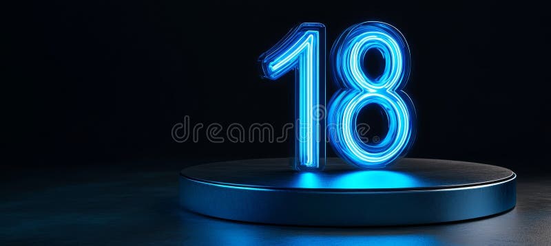 Number 18 Glowing in Blue Neon Light on a Black Background Minimal ...