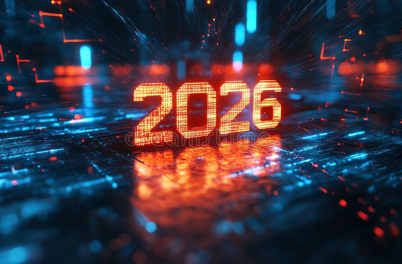 Illuminated Number 2026 on Dark Surface with Data Stream Background ...