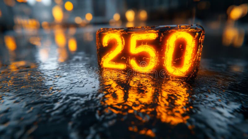 Number 250, Illuminated Digit on Shiny Surface, Reflecting Wet ,Night ...