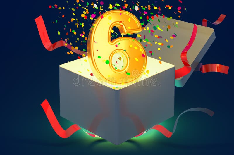 Number 6 Inside Gift Box with Confetti and Shiny Light, 3D Rendering ...