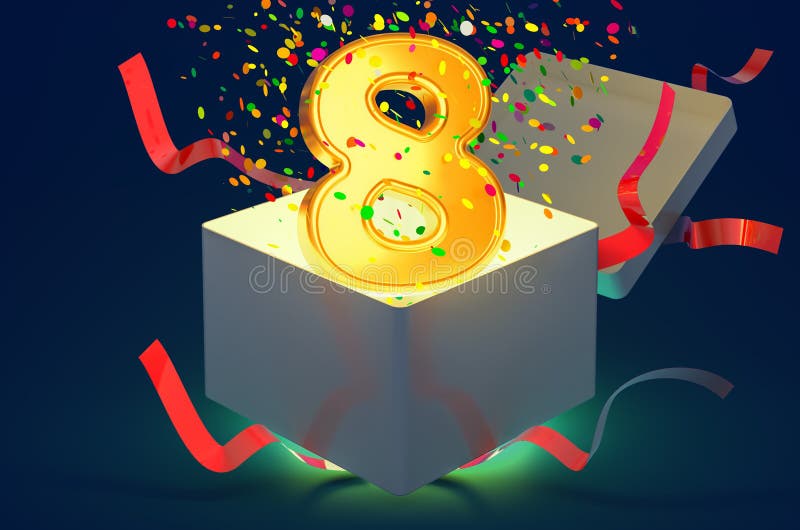 Number 8 Inside Gift Box with Confetti and Shiny Light, 3D Rendering ...