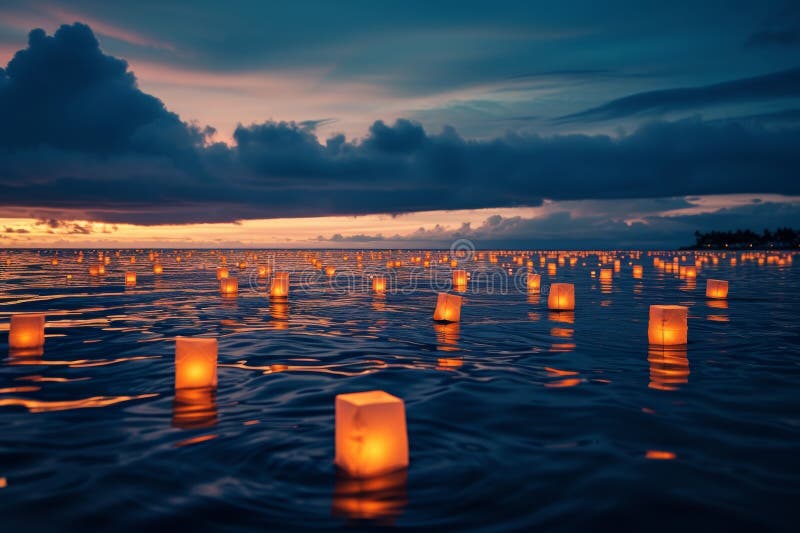A Number of Lanterns are Seen Floating on the Water, Creating a ...