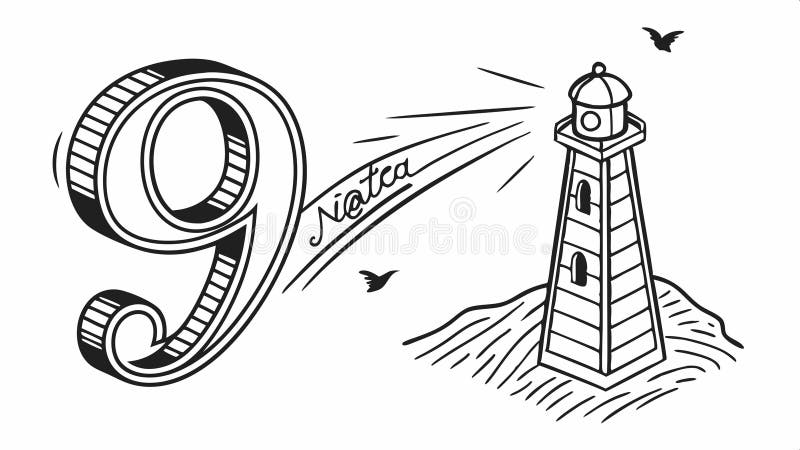 Number 9 with Lighthouse and Sea, Nautical Themed Design. Vector Design ...