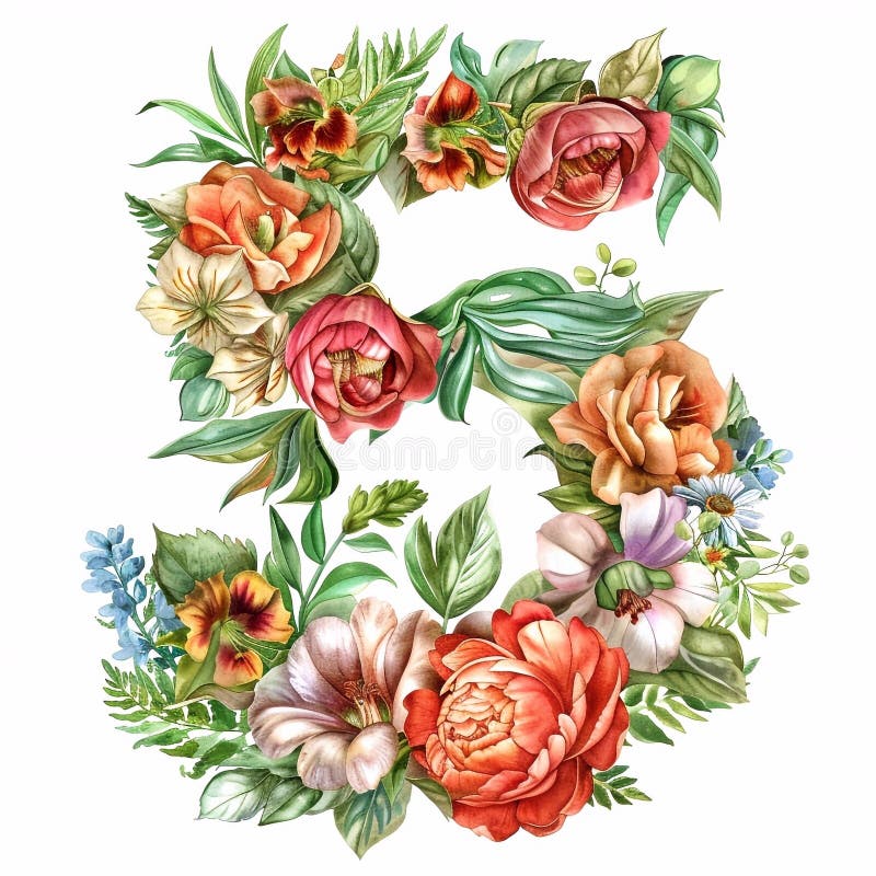 Number 5 Made from Flowers and Leaves, Five, on a White Background ...