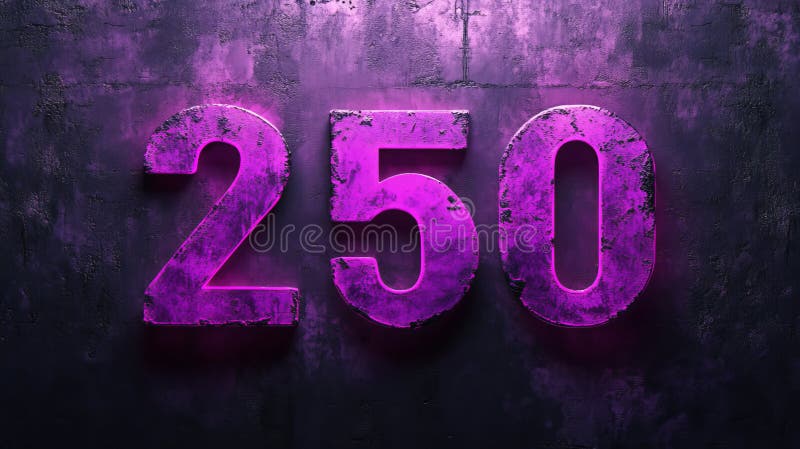 Number 250 Made of Purple Metal, Illuminated by Neon Light on a ...