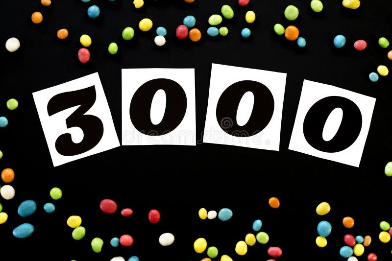 Number 3000 with Multicolored Candy Around on Black Background Stock ...