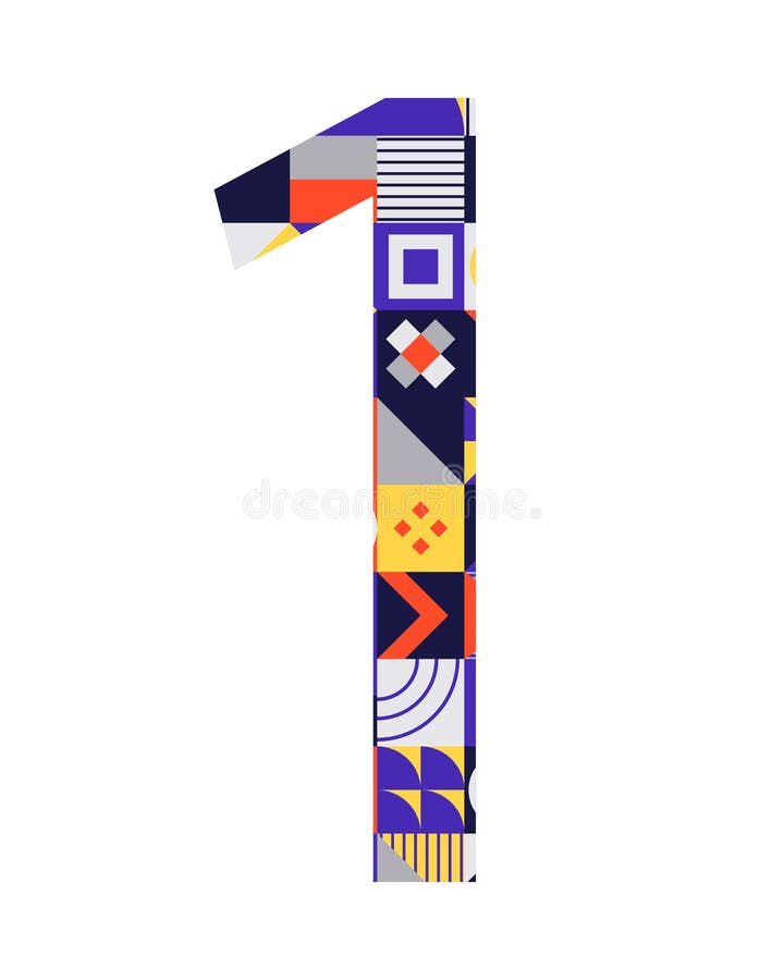 Number 1 from Multicolored Geometric Shapes Isolated on White. Neo Geo ... Number 1 from Multicolored Geometric Shapes Isolated on White. Neo Geo ...