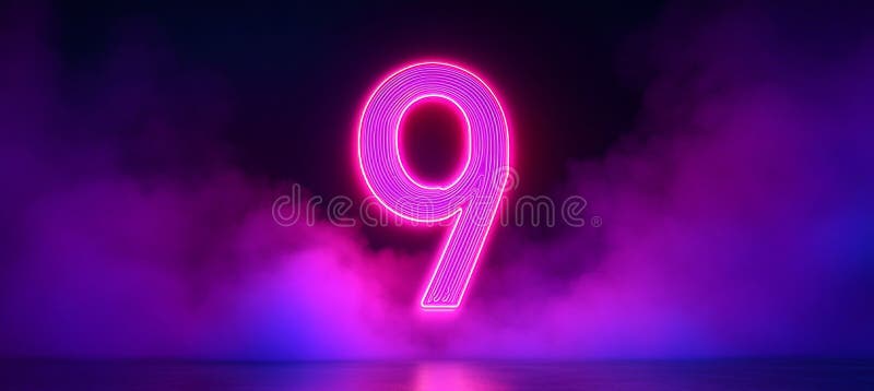 Number 9. Neon Background. Neon Pink Number Nine on Dark Blue ...