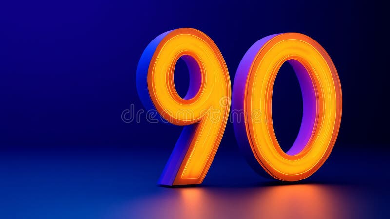 Number 90. Neon 3D Orange Purple Shape on Blue Gradient Wall Background ...