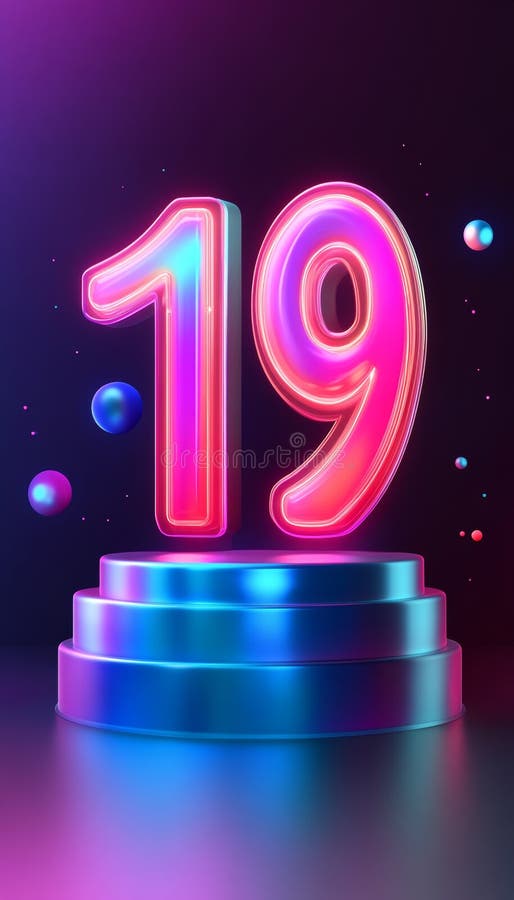 Number 19. Neon Glowing Number on Podium with Spheres, Abstract ...