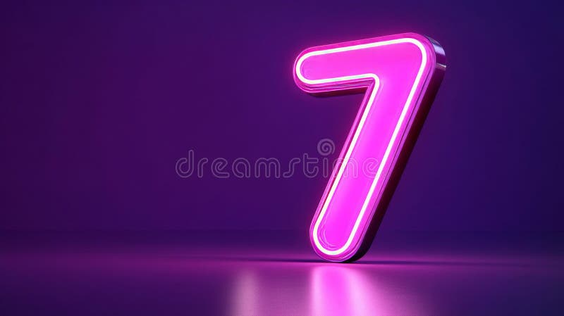 Number 7. Neon Glowing Purple Number Seven on Dark Purple Background ...