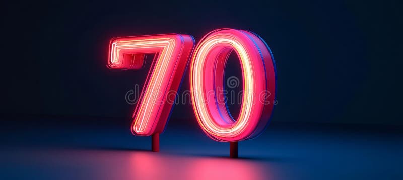 Number 70, Neon Light on Dark, Blue Background with Copy Space - 3D ...