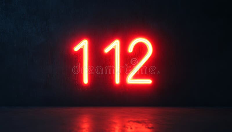 Number 112 Neon Sign on Concrete Wall with a Glowing Light Reflection ...