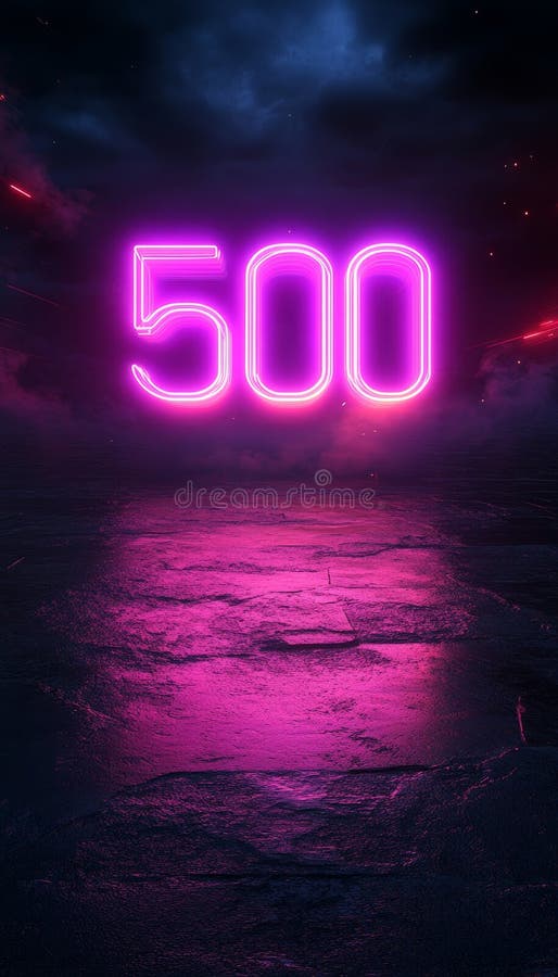 Number 500 Neon Sign Glowing, Cyberpunk Style with Reflection, Abstract ...
