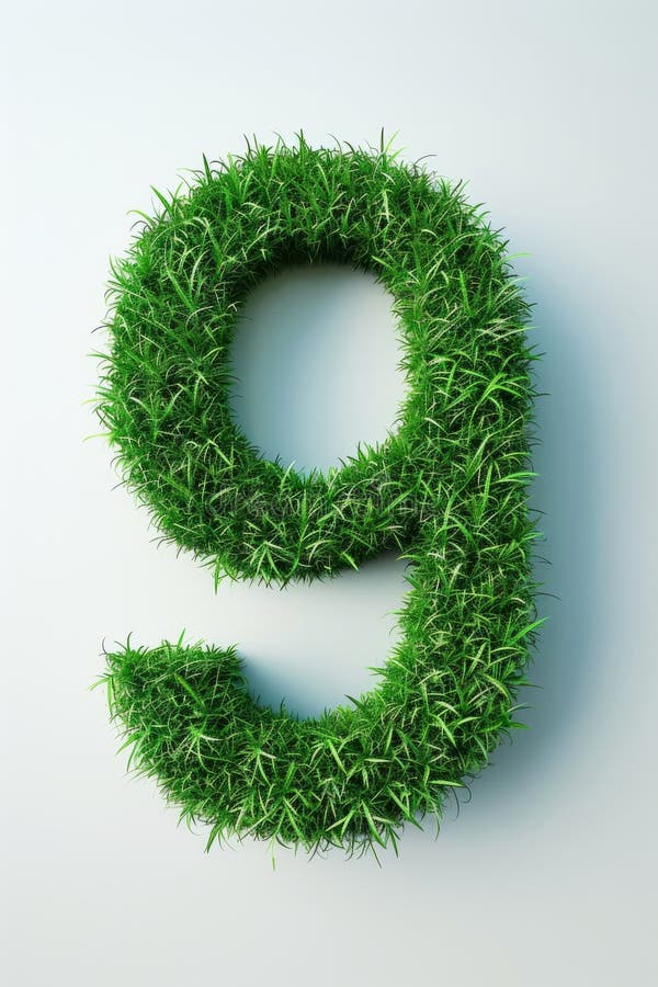 The Number Nine or 9 is Made of Grass, 3D Render, with a White ...