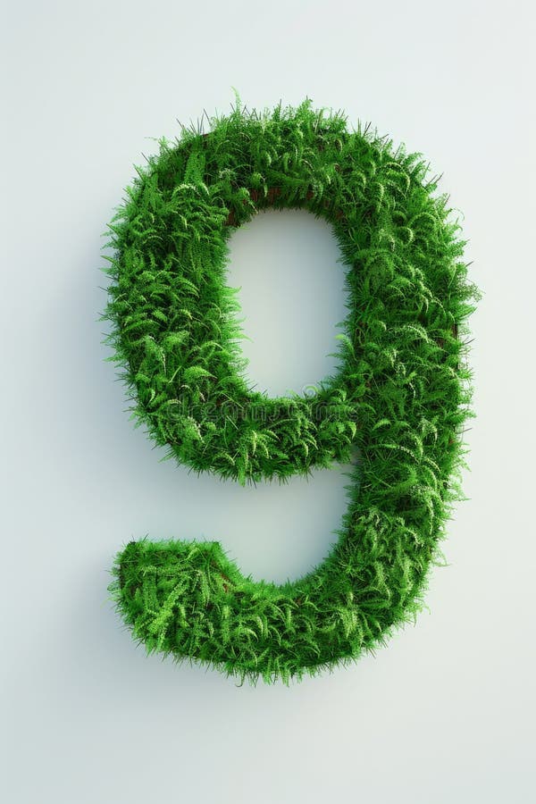 The Number Nine or 9 is Made of Grass, 3D Render, with a White ...