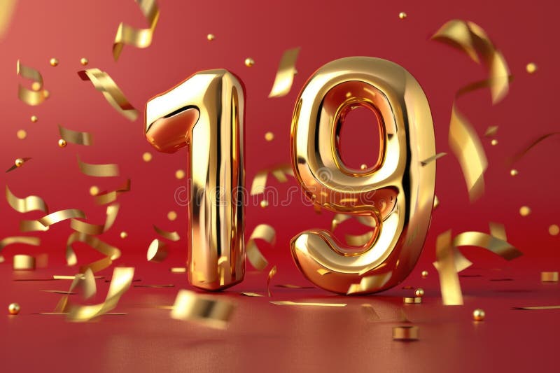 Number Nineteen Surrounded by Gold Confetti. Suitable for Birthday ...