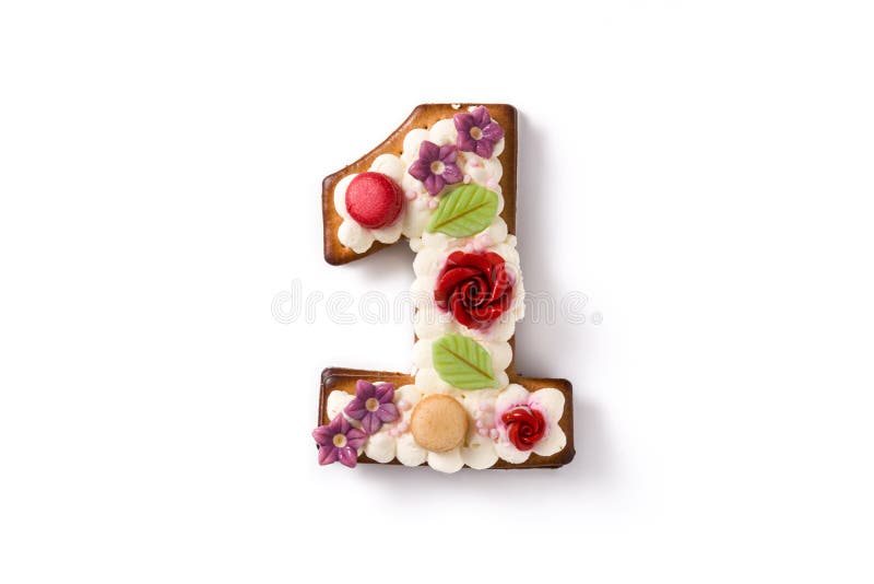 Number One Cake Decorated with Flowers and Macarons Isolated Stock ...