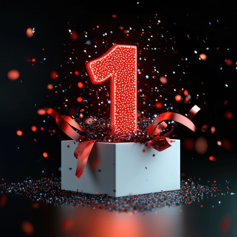Number One with Gift Box and Confetti on Dark Background. Generative Ai ...