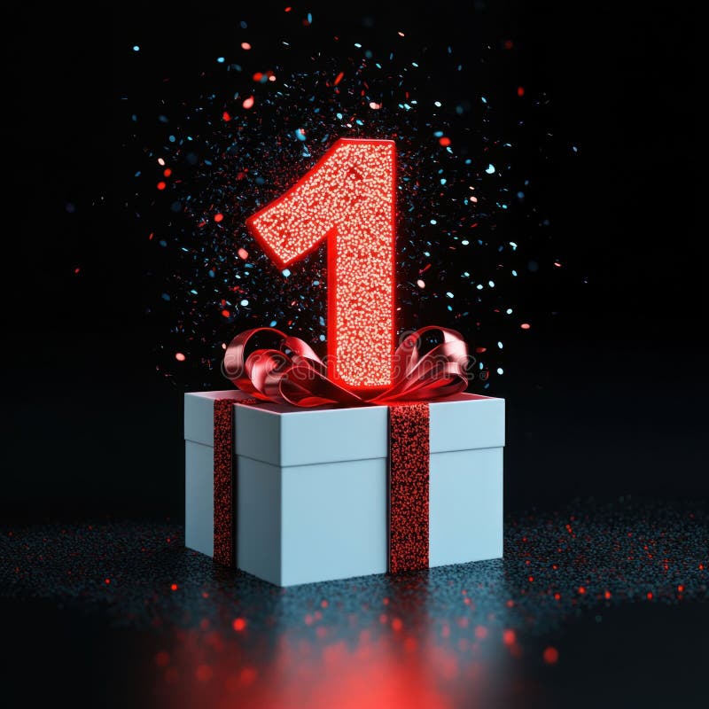 Number One with Gift Box and Confetti on Dark Background. Generative Ai ...