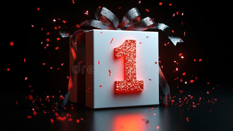 Number One with Gift Box and Confetti on Dark Background. Generative Ai ...
