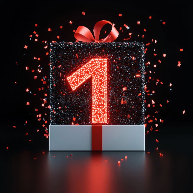 Number One with Gift Box and Confetti on Dark Background. Generative Ai ...