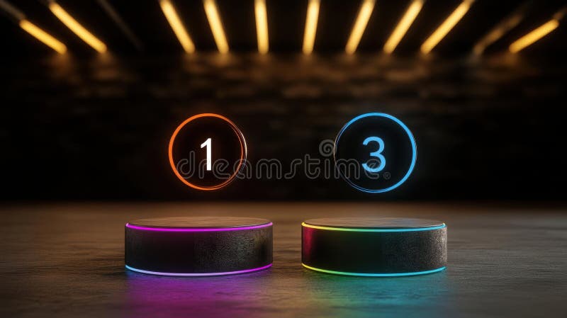 Number One and Three Glow with Neon Lights on Podiums Stock ...