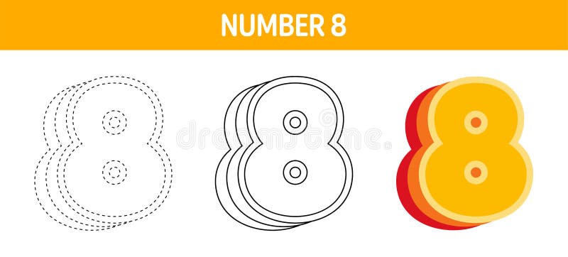 Number 8 Orange, Tracing and Coloring Worksheet for Kids Stock Vector ...