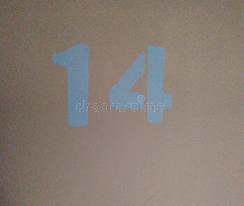 The Number 14 Painted with Blue Paint on a Pink Background. Symbol ...
