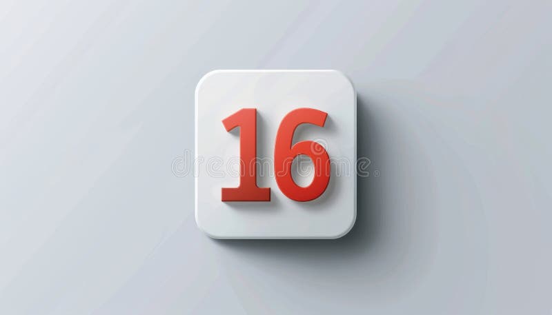 Red Number 16 Displayed on a White Square Button Against a Light Gray ...