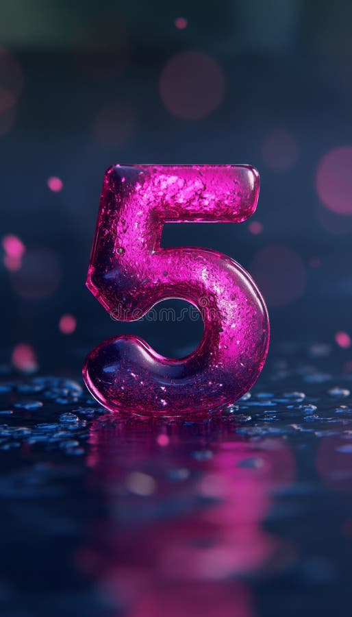 Number 5, Purple Inflatable Balloon on Wet Surface, Bokeh Effect, Three ...