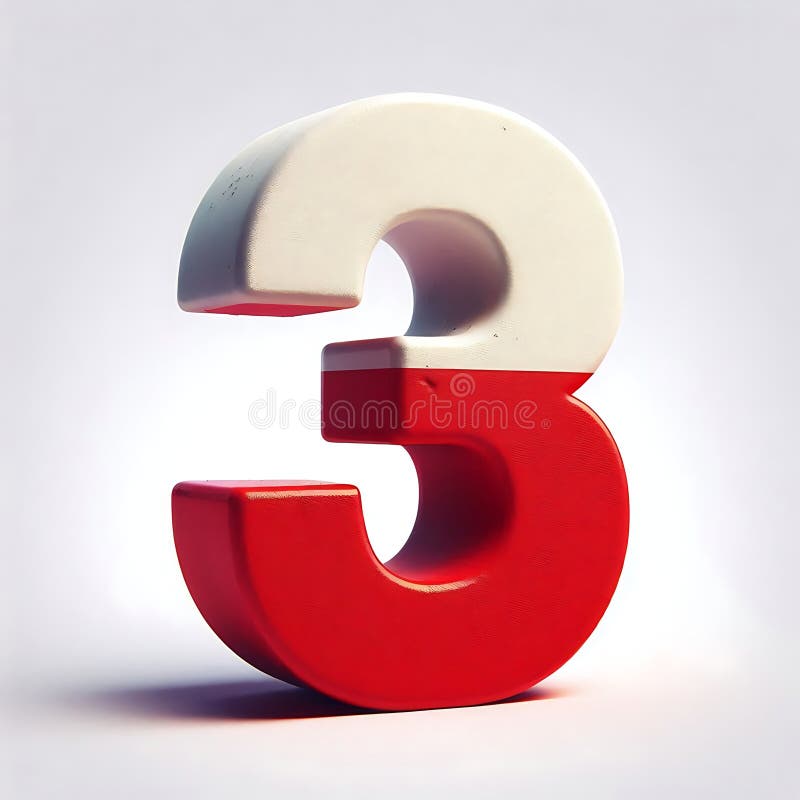 The Number 3 is Red and White. it is a Large Number that is Bold and ...
