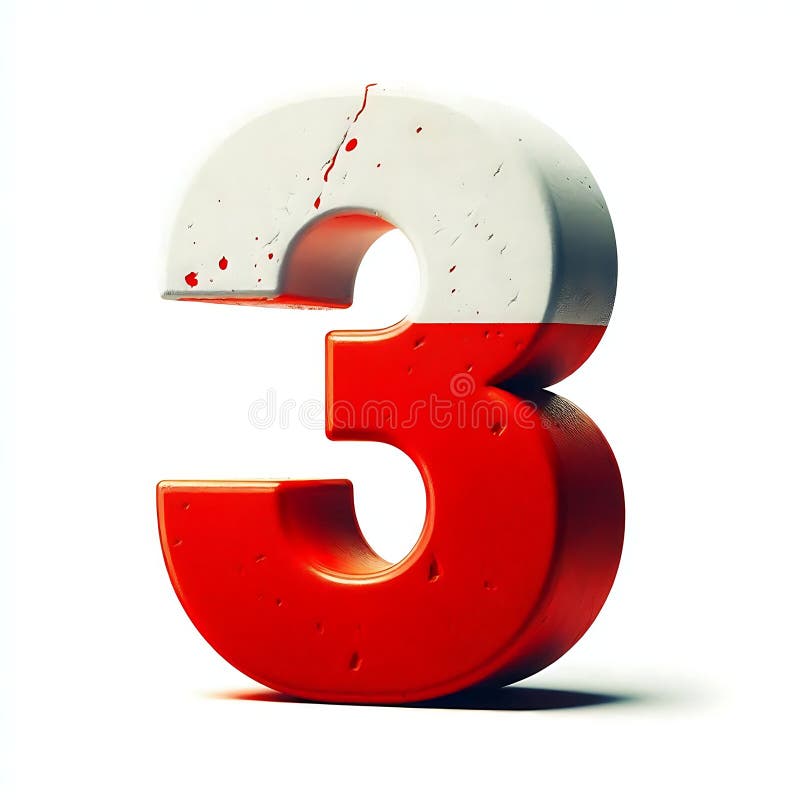 The Number 3 is Red and White with a Splatter of Red Paint on it. the ...