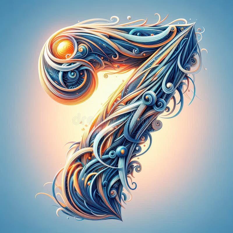 Intricate Design of the Number Seven with Swirling Patterns and Bright ...
