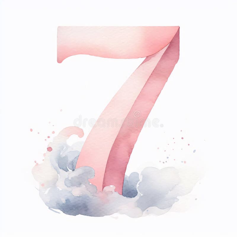 Number Seven Watercolor Design with Cloud Base in Pastel Pink and Grey ...
