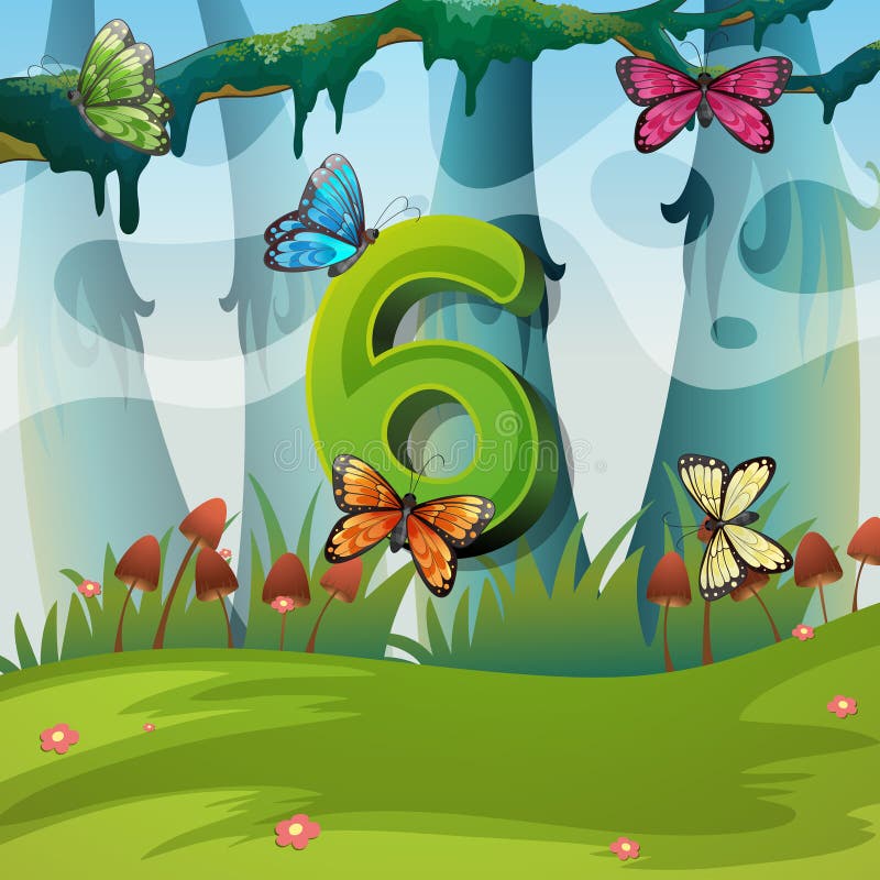 Number Six with 6 Butterflies in Garden Stock Illustration ...