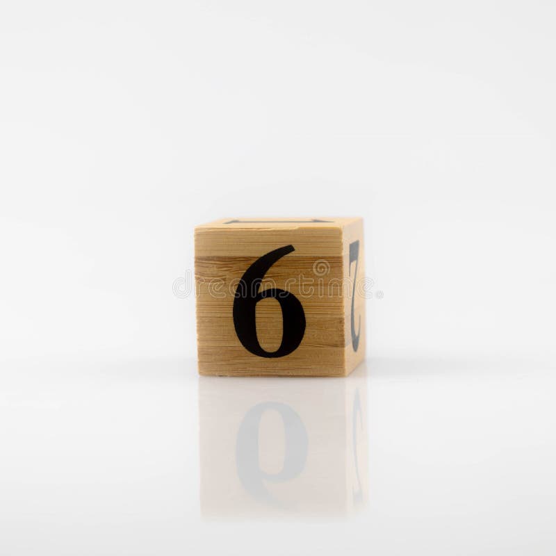 Number 6 Six Wooden Cube with Number Isolated in White with Reflections ...