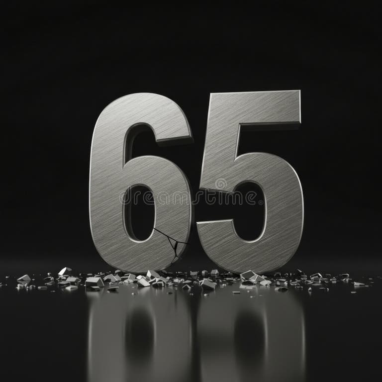 Metal Number Sixty-five with Crack and Debris on Reflective Surface Stock Illustration ...
