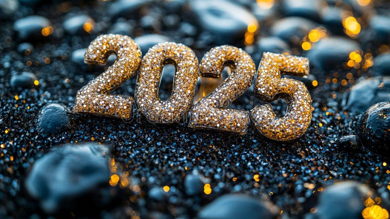 The Number 2025 Spelled in Gold Glitter on a Black Background Stock ...