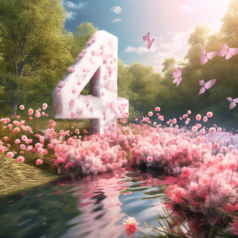 Number 4 Surrounded by Flowers and Butterflies. 3D Render Illustration ...