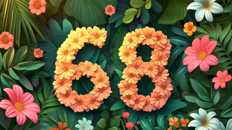 A Number 68 Surrounded by Flowers and Leaves on a Green Background, AI ...