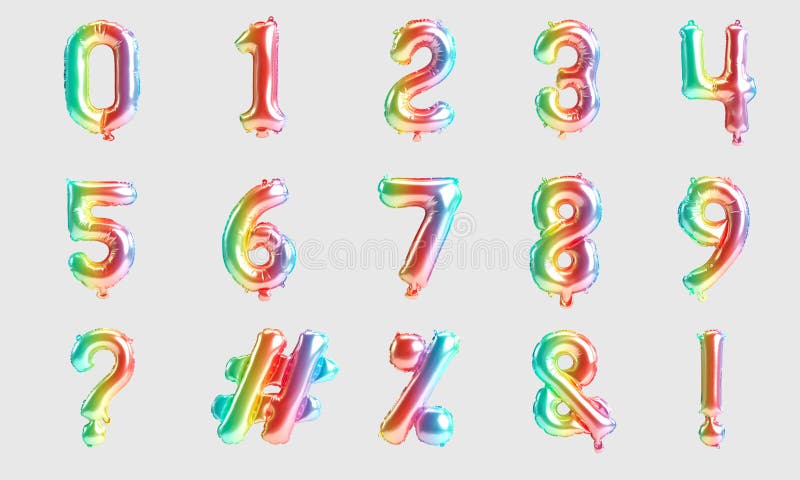 Number Table and Mark 3d Illustration of Type 6 Rainbow Balloons ...