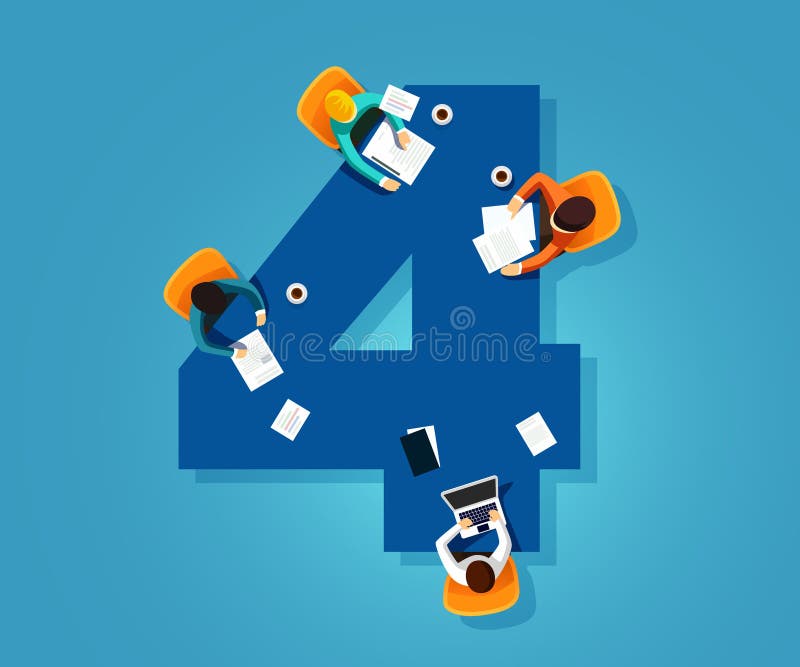 Number 4. Team Works Together at a Table in the Shape of the Number ...