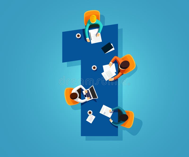 Number 1. Team Works Together at a Table in the Shape of the Number One ...