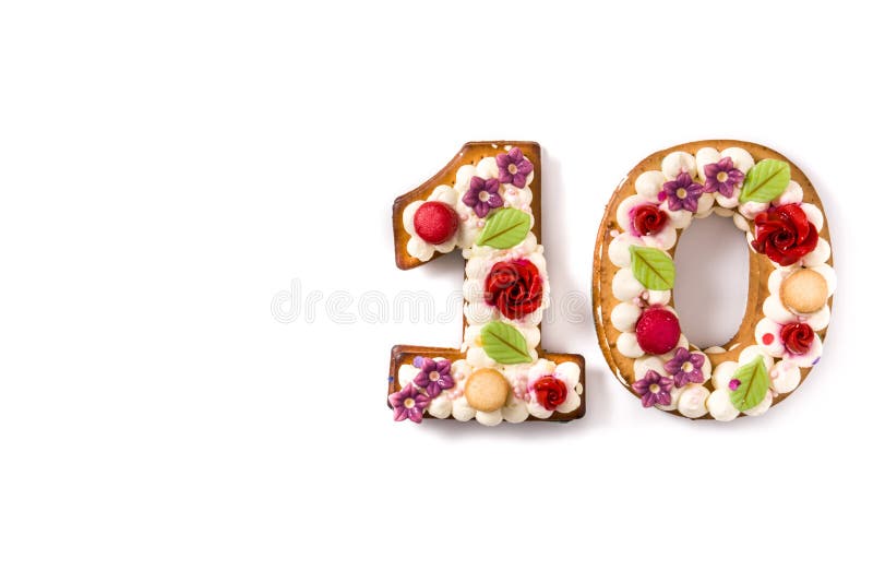 Number Ten Cake Decorated with Flowers and Macarons Isolated on White ...