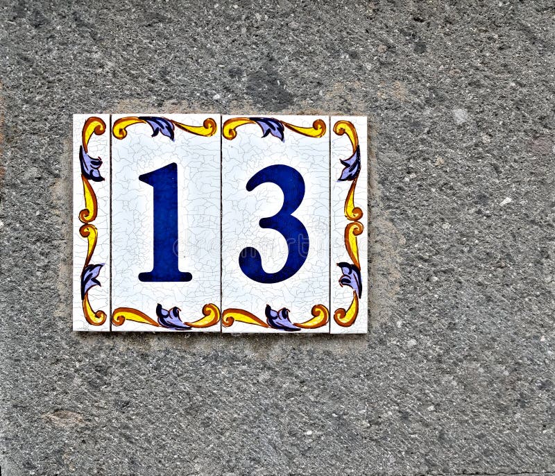 Number 13, Thirteen, a Decorative Tile Blue and Yellow on a Gray ...